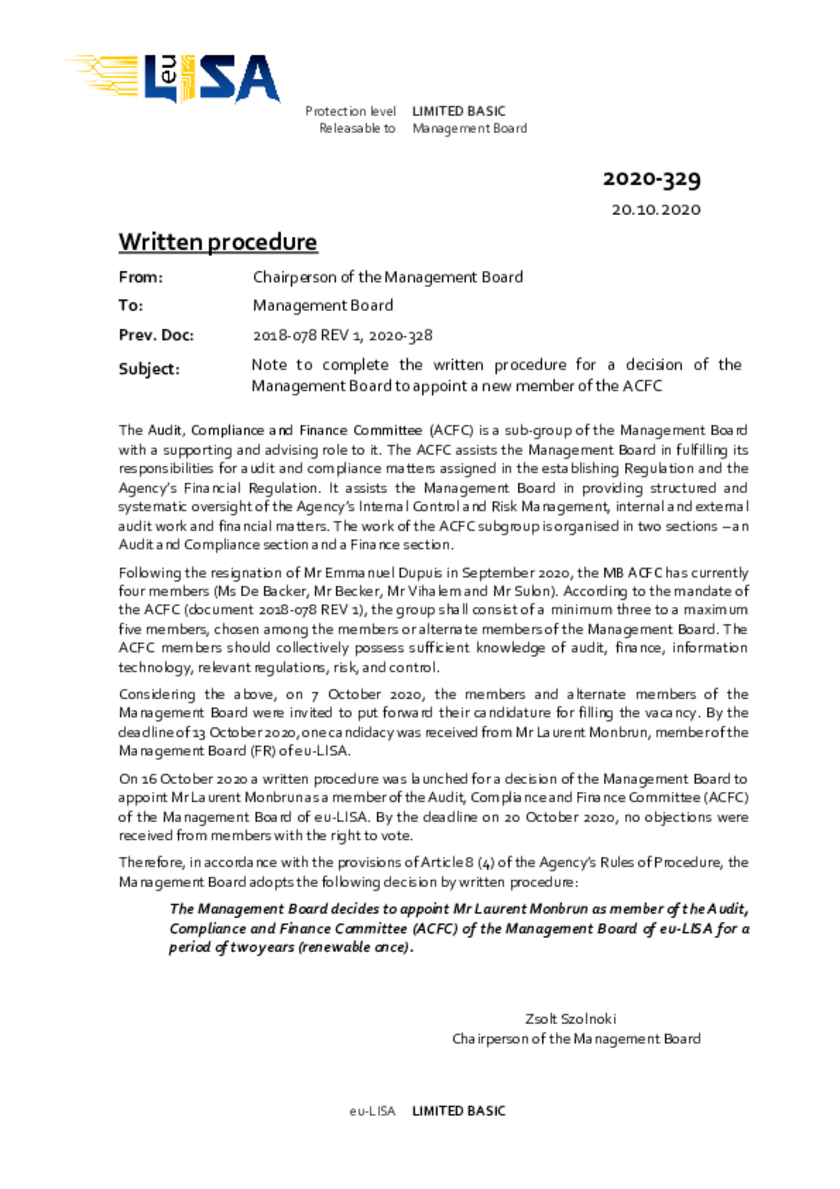 2020-329 Note to complete the written procedure for a decision of the Management Board to ...